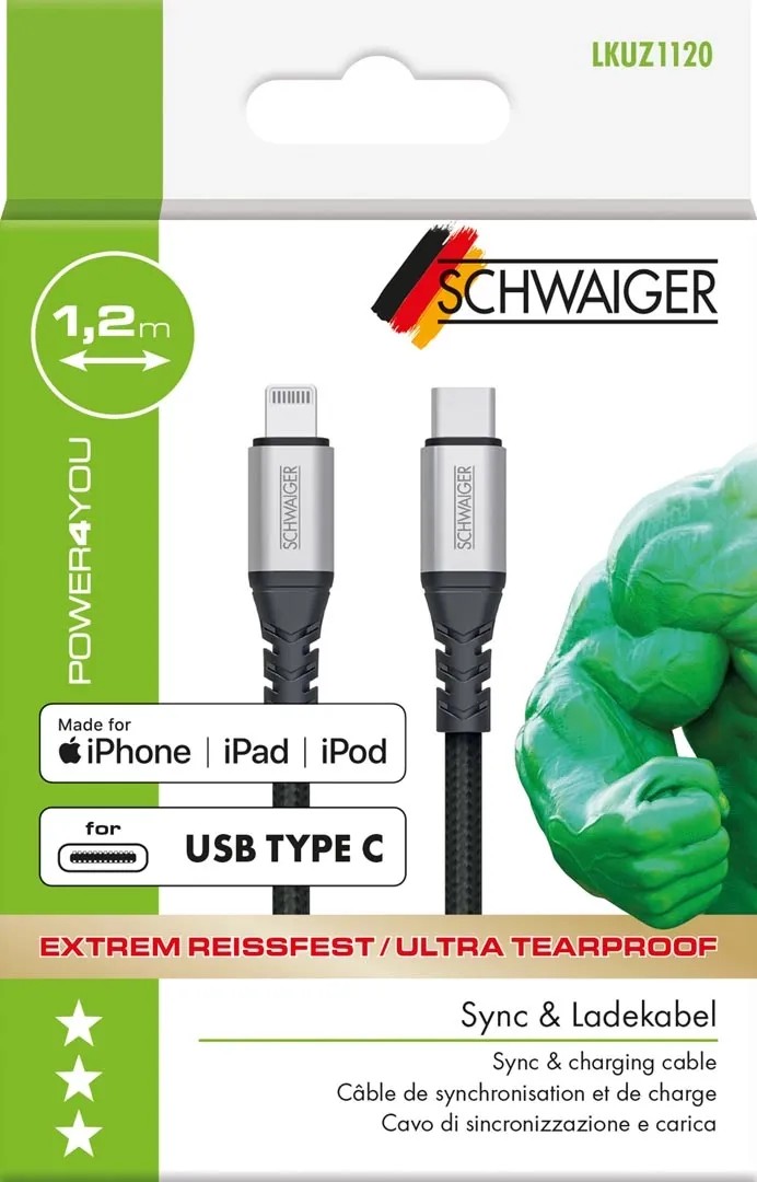Schwaiger Nezničitelný synchronizační a nabíjecí kabel USB-C/Lightning, 1,2 m nakoupit u OBI