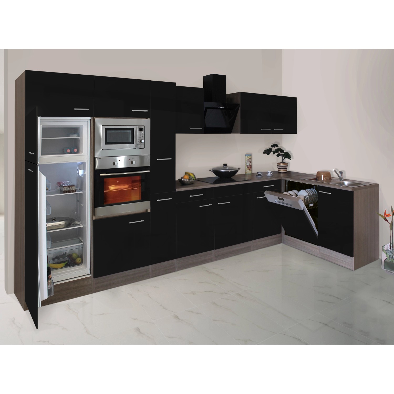 Respekta Kuchyně Oliver L černá/dub 370 cm-trouba/sk.d./digestoř/myčka ...