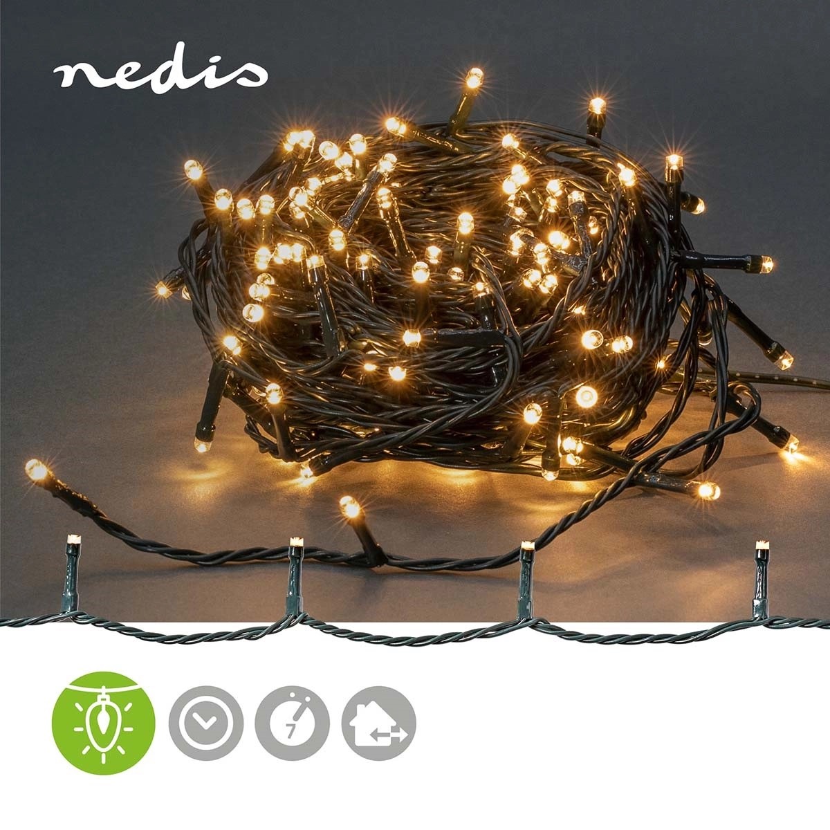 NEDIS Světelný řetěz 120 LED teplá bílá, IP44, zelený kabel, 9 m ...