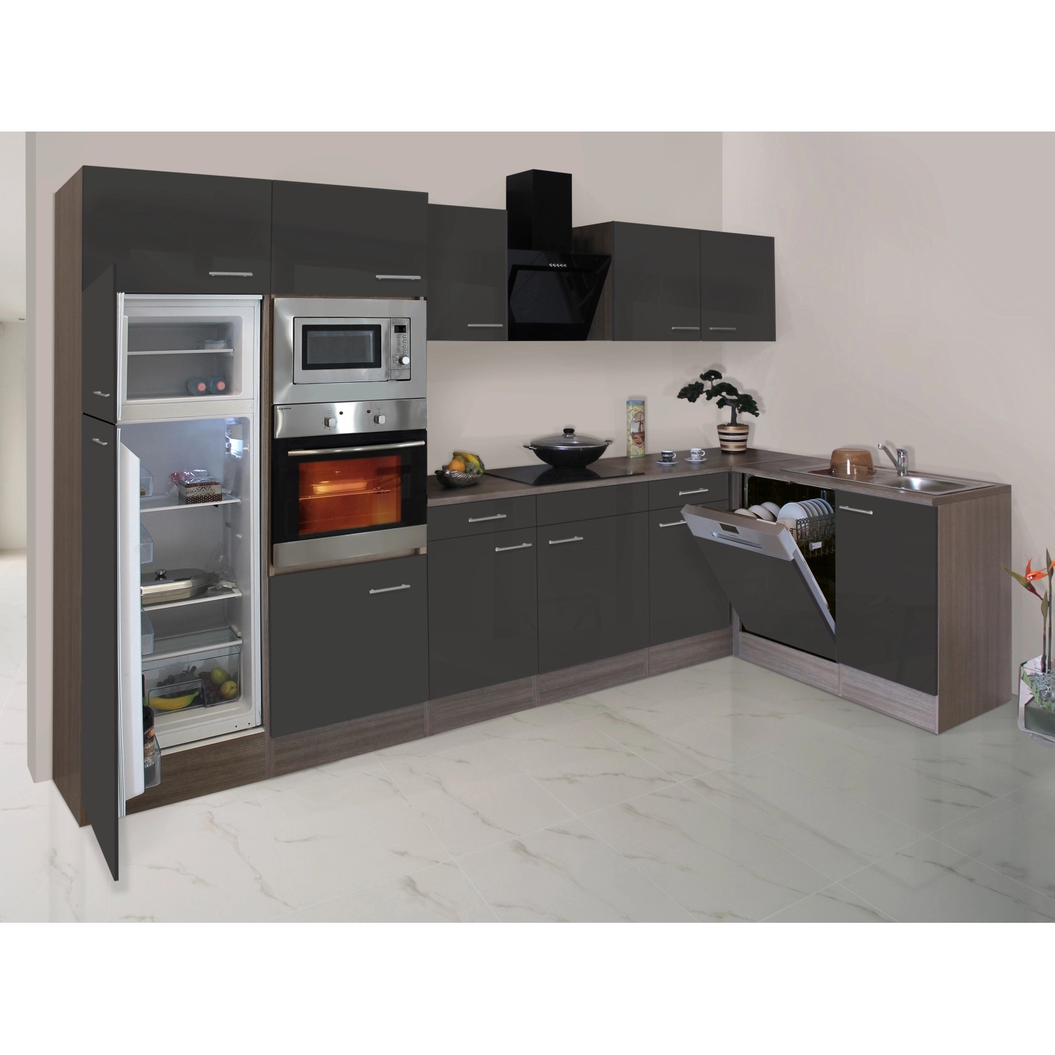 Respekta Kuchyně Oliver L šedá/dub 340 cm-trouba/skl.d./digestoř/myčka ...