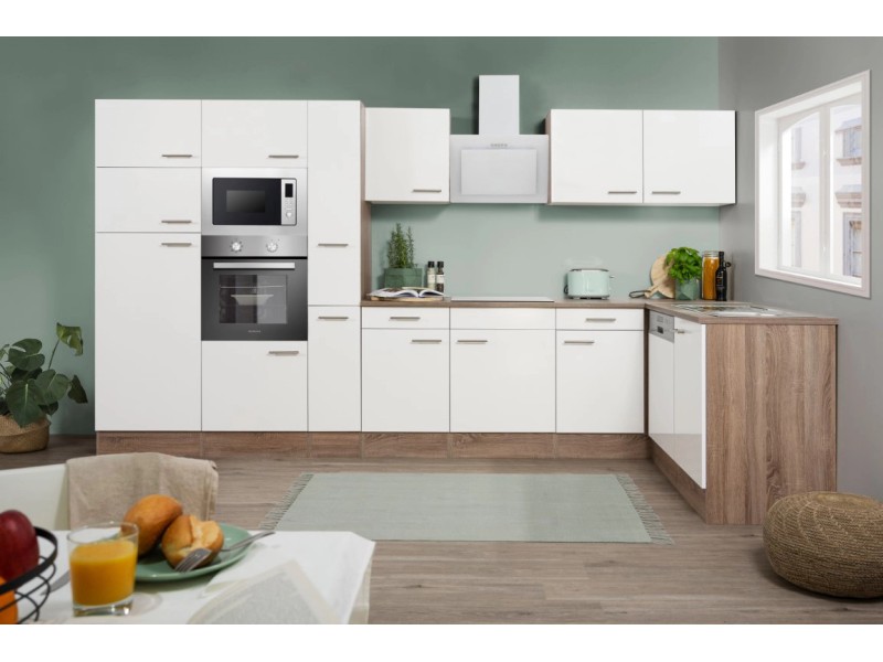 Respekta Kuchyně Oliver L bílá/dub 370 cm-trouba/skl.d./digestoř/myčka ...