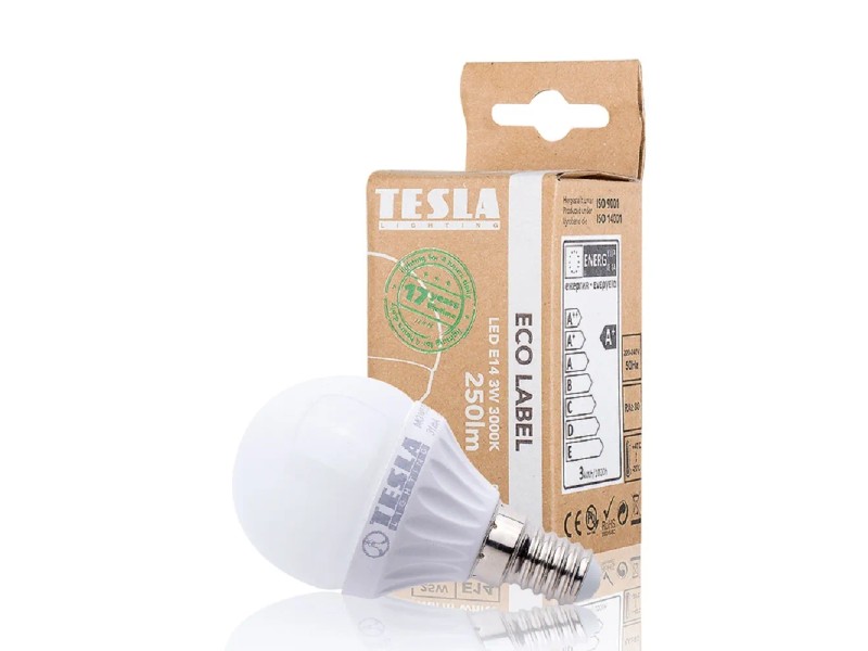 TESLA LED žárovka P45, E14, 3 W, 250 lm, 3 000 K
