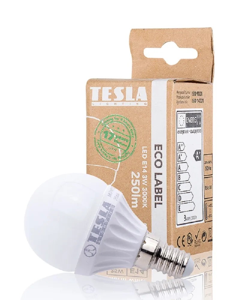 TESLA LED žárovka P45, E14, 3 W, 250 lm, 3 000 K