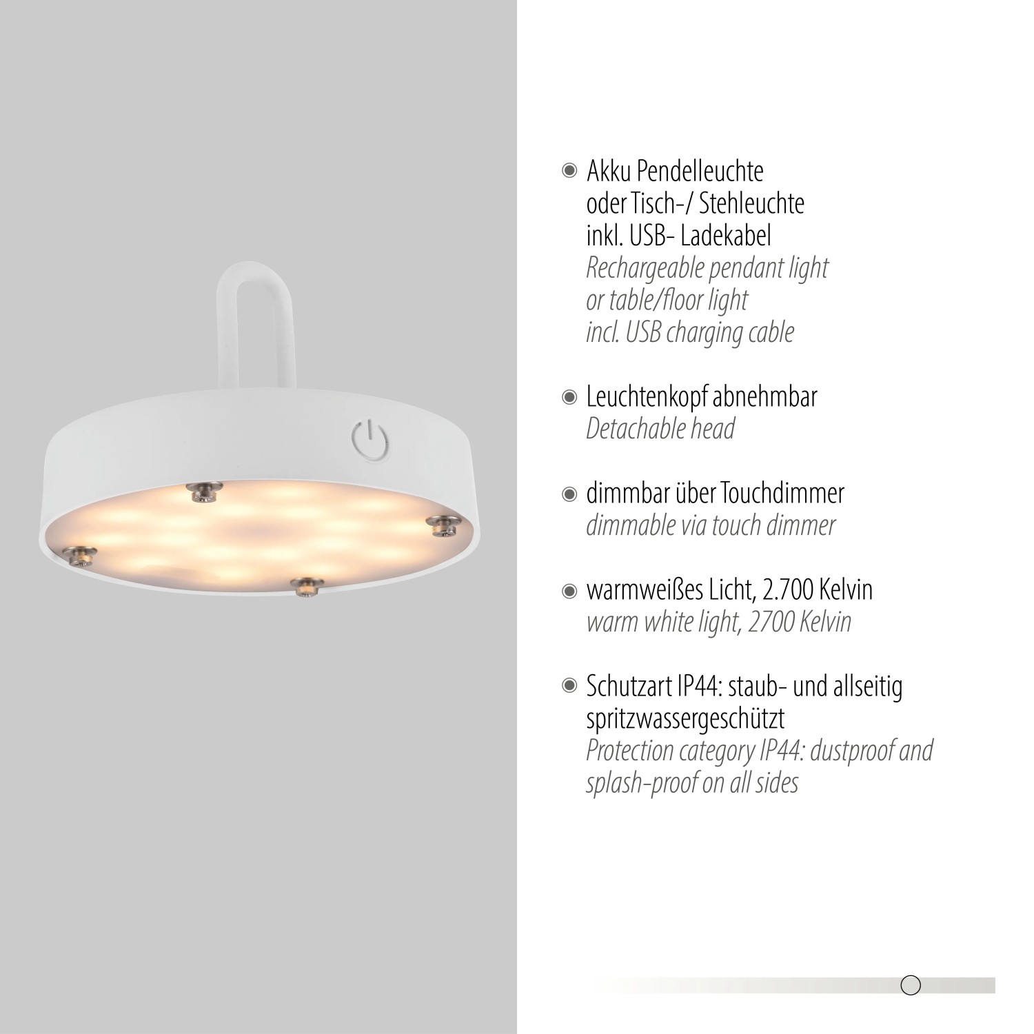Just Light. Nabíjecí závěsné/stolní LED svítidlo Akuba IP44 bílá pr. 36 ...
