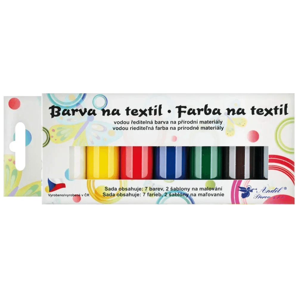 Barvy na textil tmavý a barevný, sada, 7 x 20 g + šablony