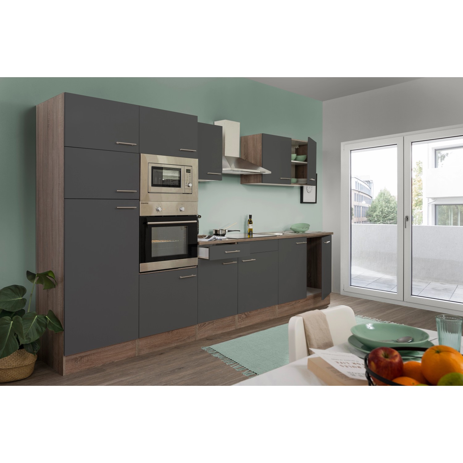 Respekta Kuchyně Oliver šedá/dub 330 cm-trouba/skl.deska/digestoř ...