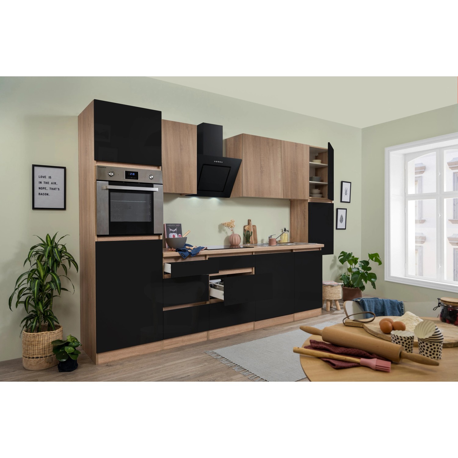 Respekta Kuchyně Lorena černá/dub 330 cm-trouba/skl.d.(2)/dig./myčka(2 ...