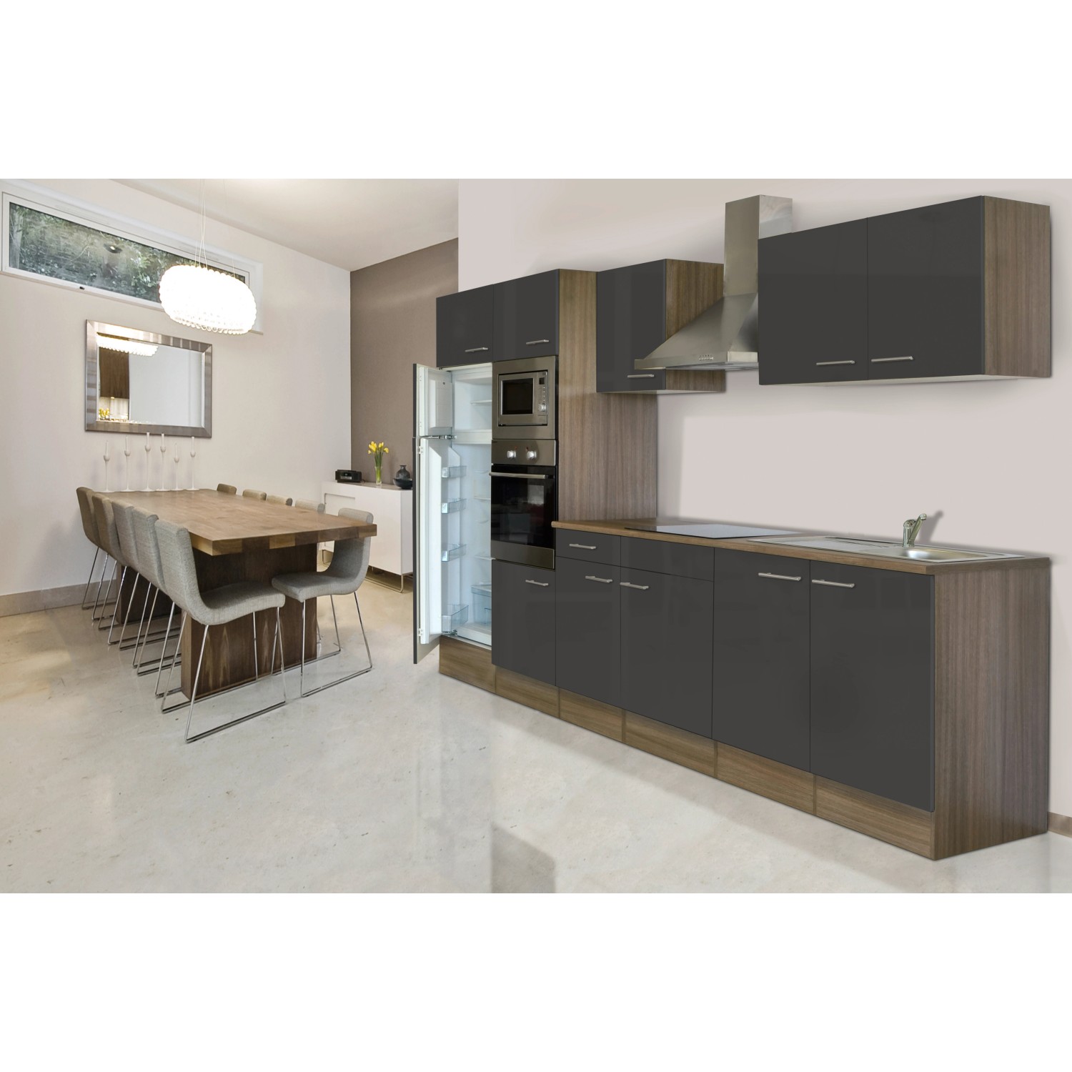 Respekta Kuchyně Oliver šedá/dub 330 cm-trouba/skl.deska/digestoř ...