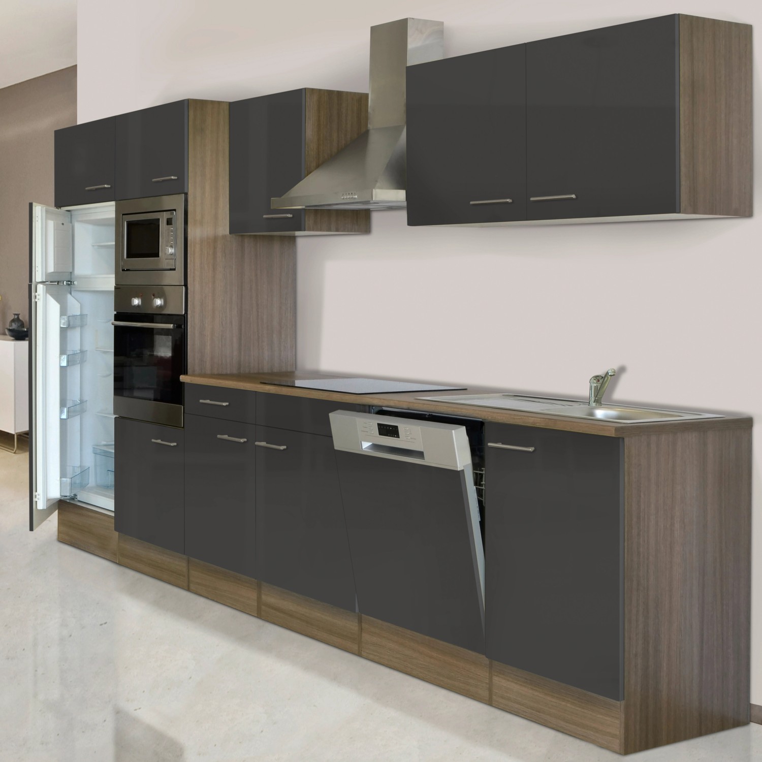 Respekta Kuchyně Oliver šedá/dub 340 cm-trouba/sklok.d./dig./myčka ...