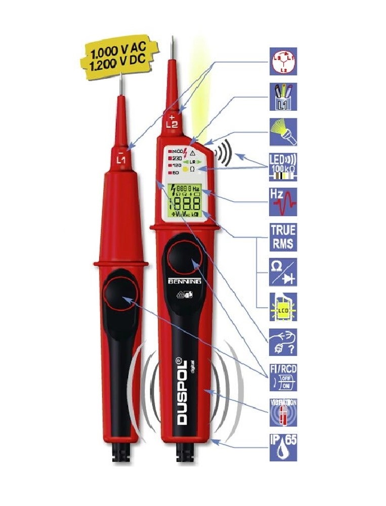 Benning Dvoupólová zkoušečka napětí DUSPOL digital, 1-1000 V AC/1-1200 ...
