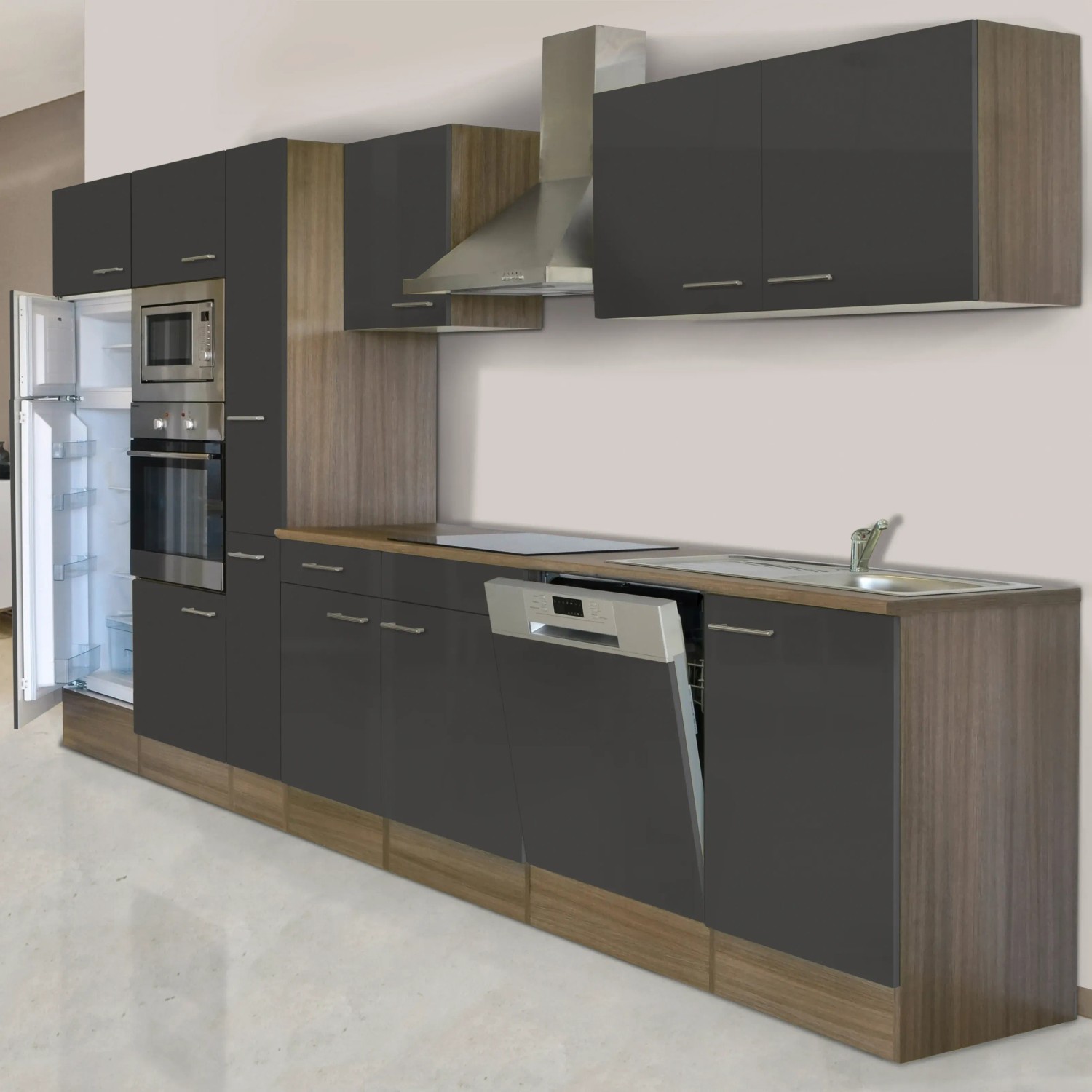 Respekta Kuchyně Oliver šedá/dub 370 cm-trouba/sk.d./digestoř/myčka ...