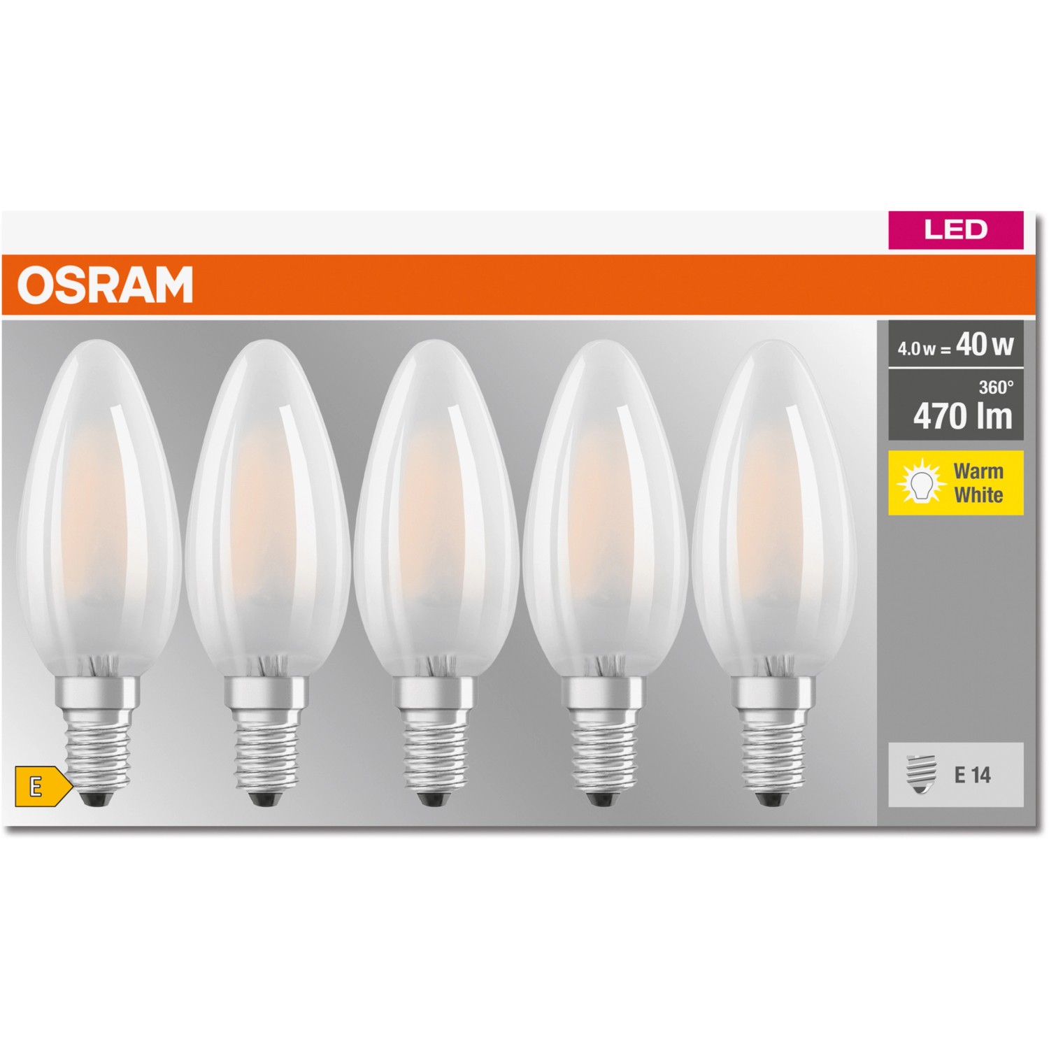 OSRAM LED žárovka Base Classic B40, E14, 4 W, 470 lm, 2700 K, opálová, 5 ks nakoupit u OBI