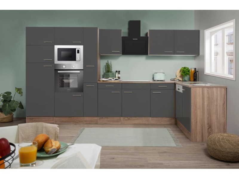 Respekta Kuchyně Oliver L šedá/dub 370 cm-trouba/skl.d./digestoř/myčka ...