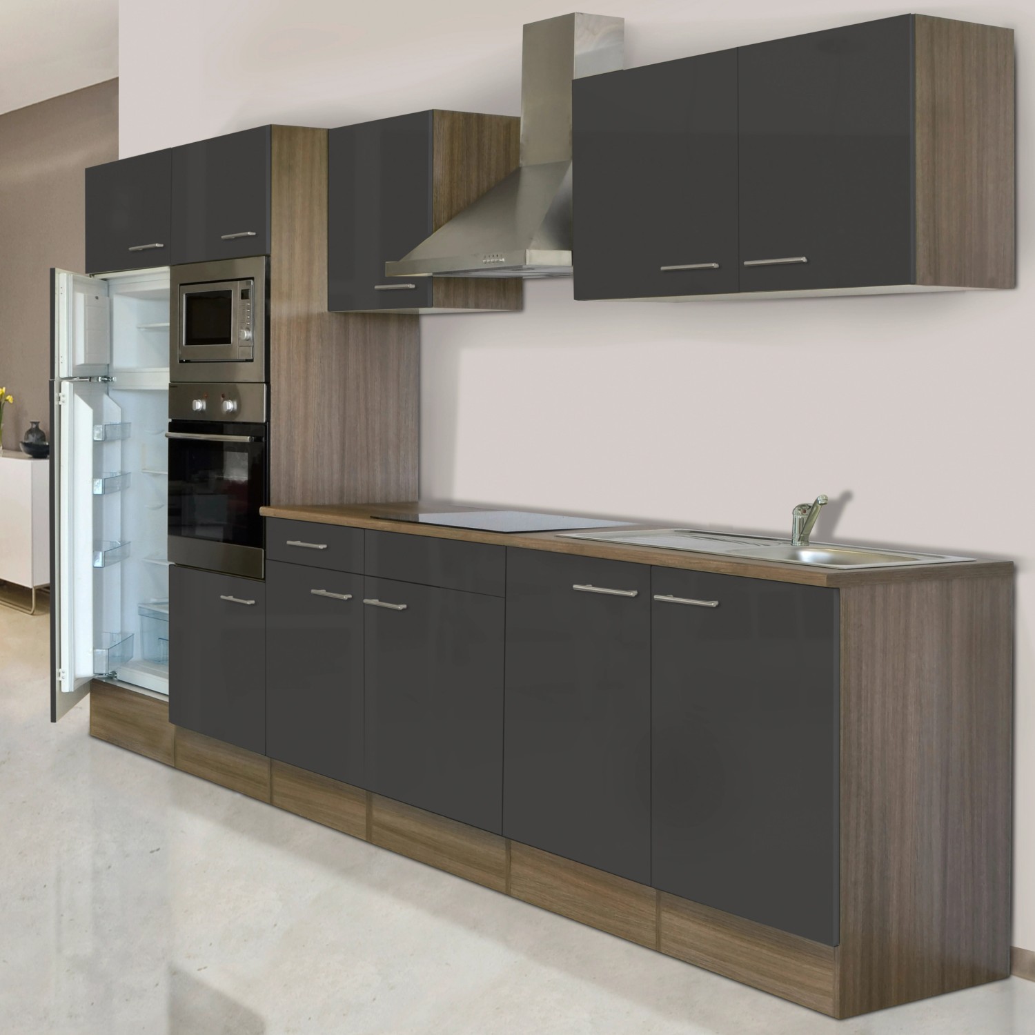 Respekta Kuchyně Oliver šedá/dub 330 cm-trouba/skl.deska/digestoř ...