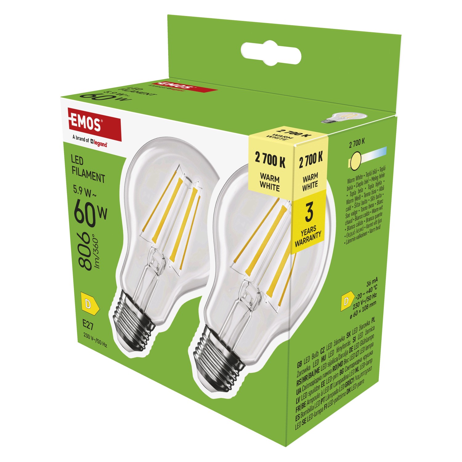 Emos LED žárovka Filament A60, E27, 5,9W (60W), 806lm, 2700K, 2 ks nakoupit u OBI