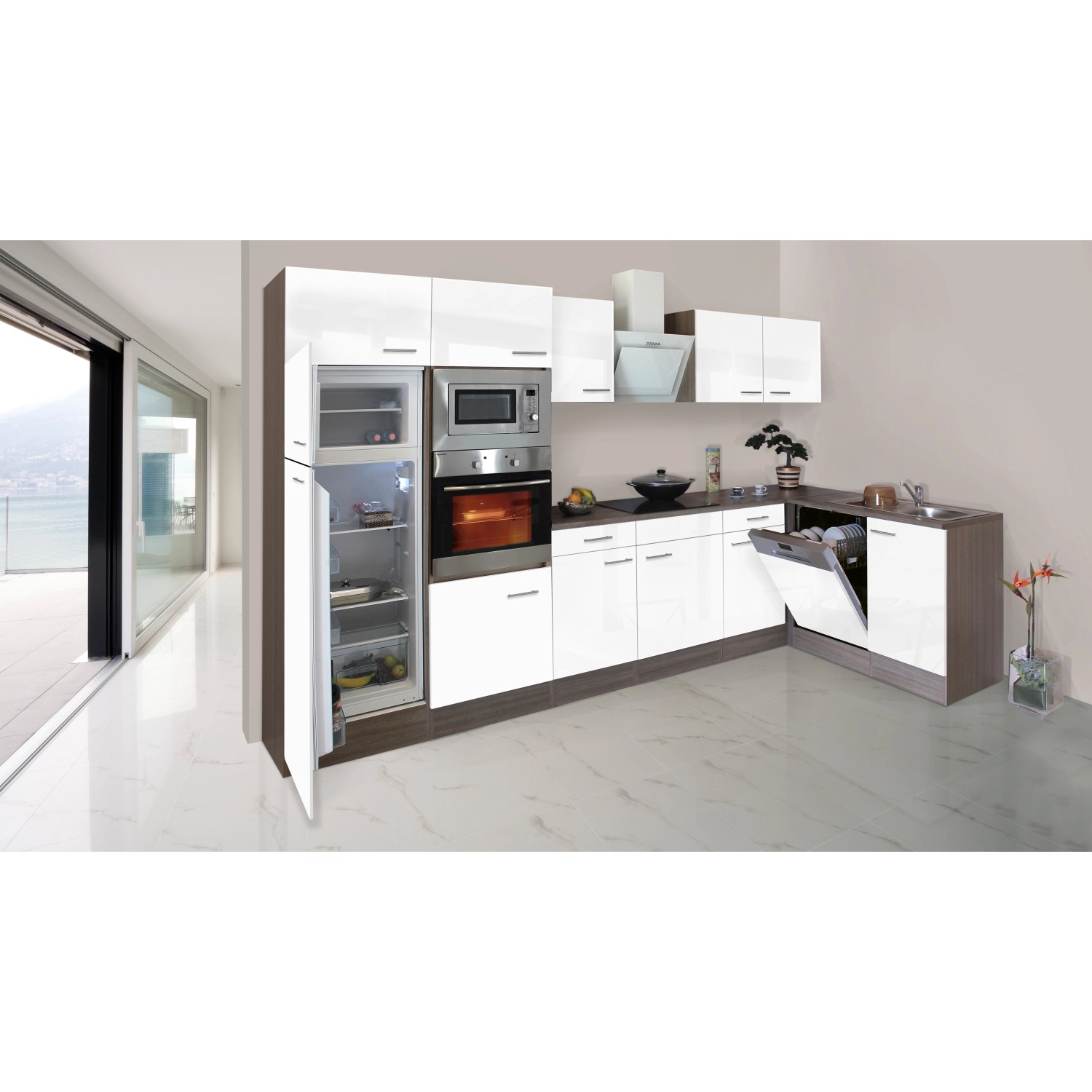 Respekta Kuchyně Oliver L bílá/dub 340 cm-trouba/skl.d./digestoř/myčka ...