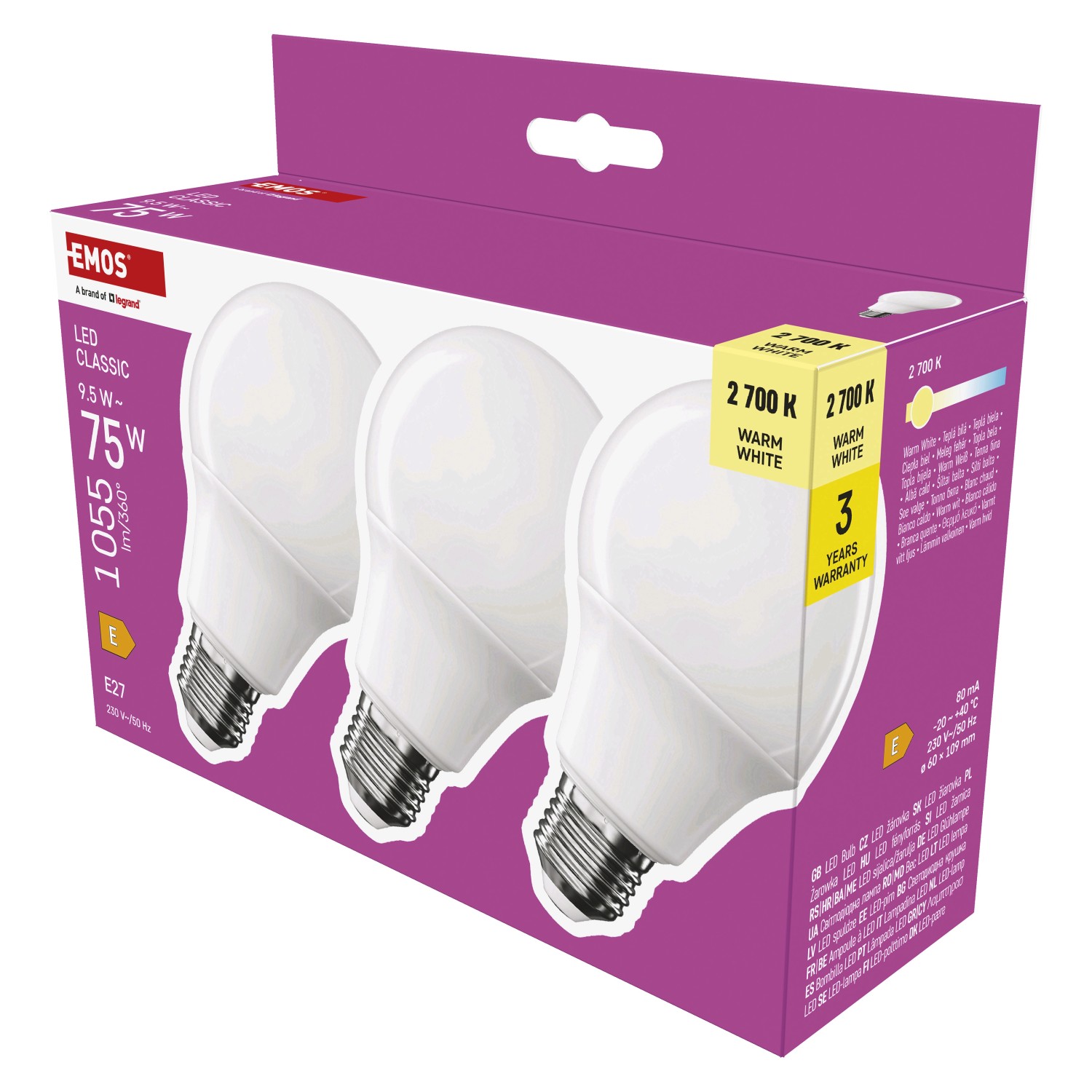 Emos LED žárovka Classic A60, E27, 9,5W (75W), 1055lm, 2700K, 3 ks koupit v OBI