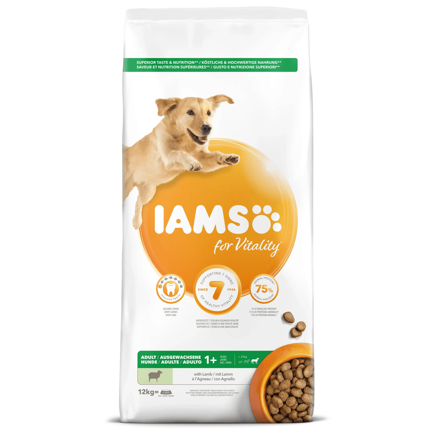 IAMS Granule pro psy ADULT 1+ LARGE s jehněčím 12 kg nakoupit u OBI