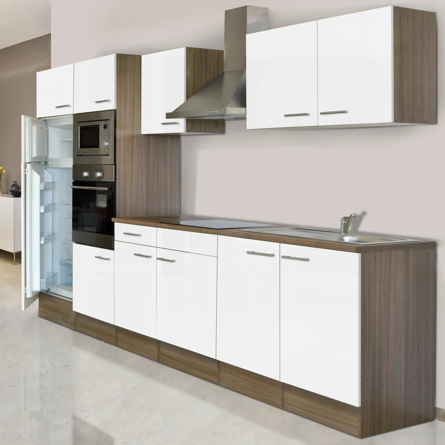 Respekta Kuchyně Oliver bílá/dub 330 cm-trouba/skl.deska/digestoř ...